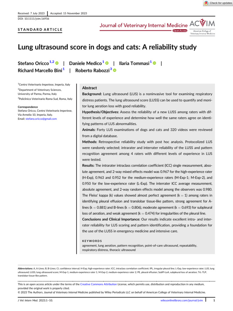 Veterinary Internal Medicne - 2023 - Oricco - Lung Ultrasound Score in ...