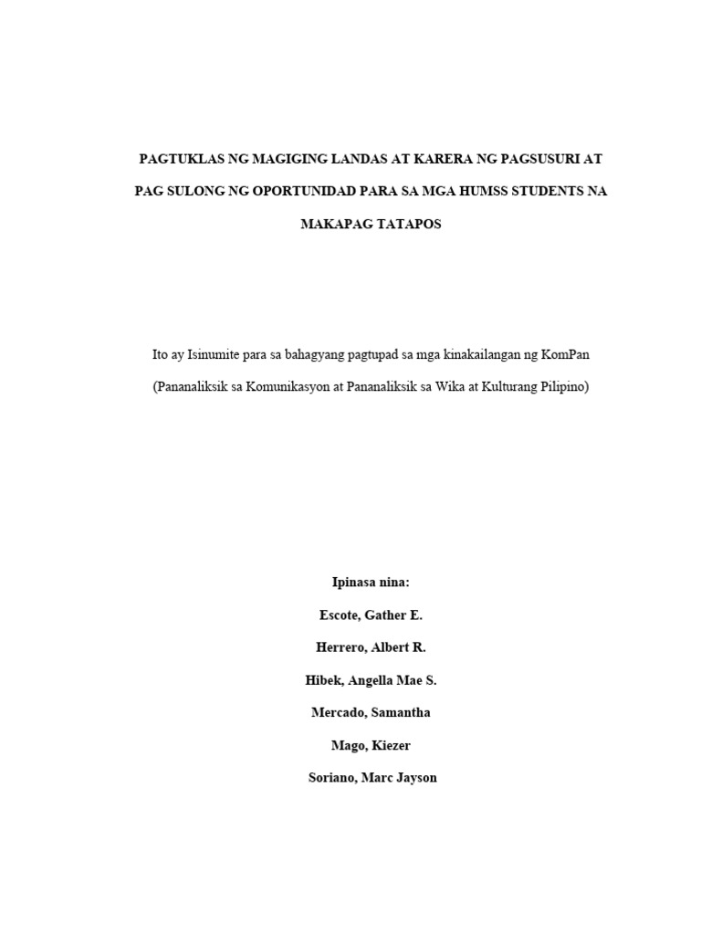 Pagtuklas NG Magiging Landas at Karera NG Pagsusuri at Pag Sulong NG ...
