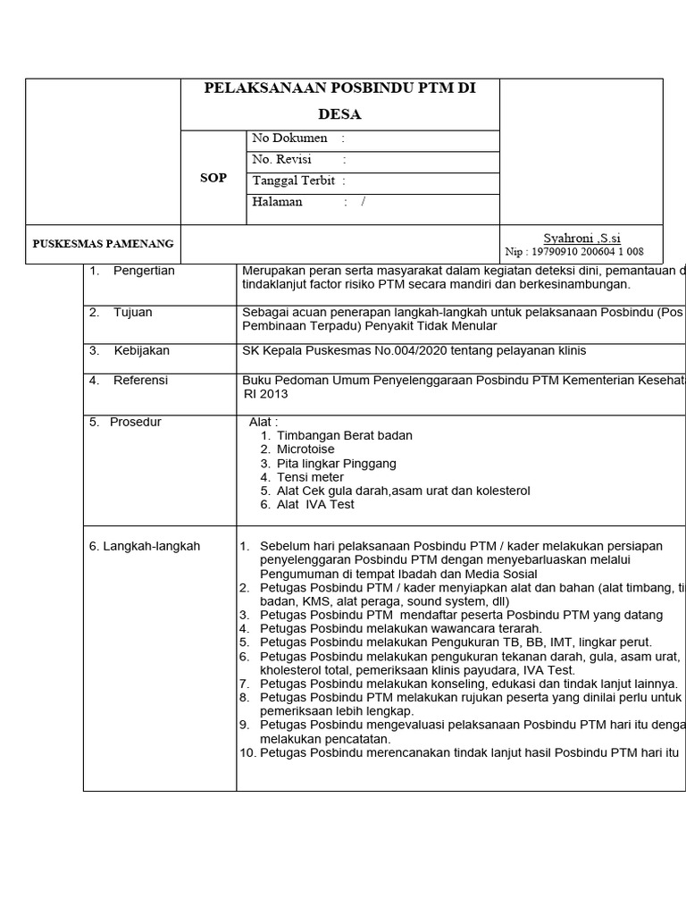 Sop Pelaksanaan Posbindu PTM | PDF