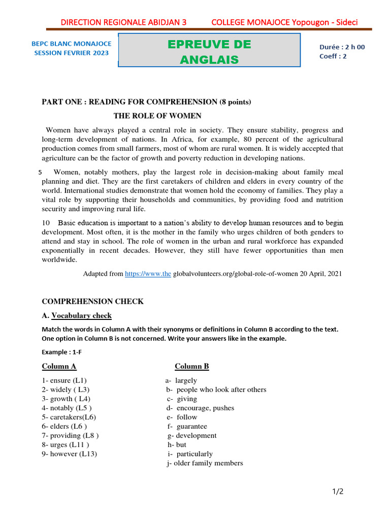 Epreuve Bepc Blanc 2023 Anglais College Monajoce Yopougon Cote d'Ivoire ...