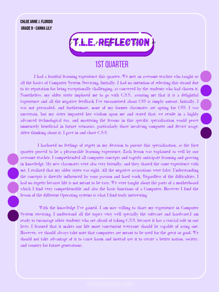 Tle Reflection Chloe | PDF | Experience | Learning