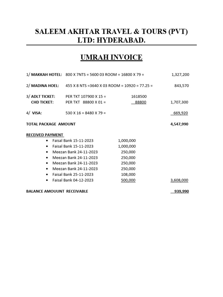 Umrah Invoice: Saleem Akhtar Travel | PDF