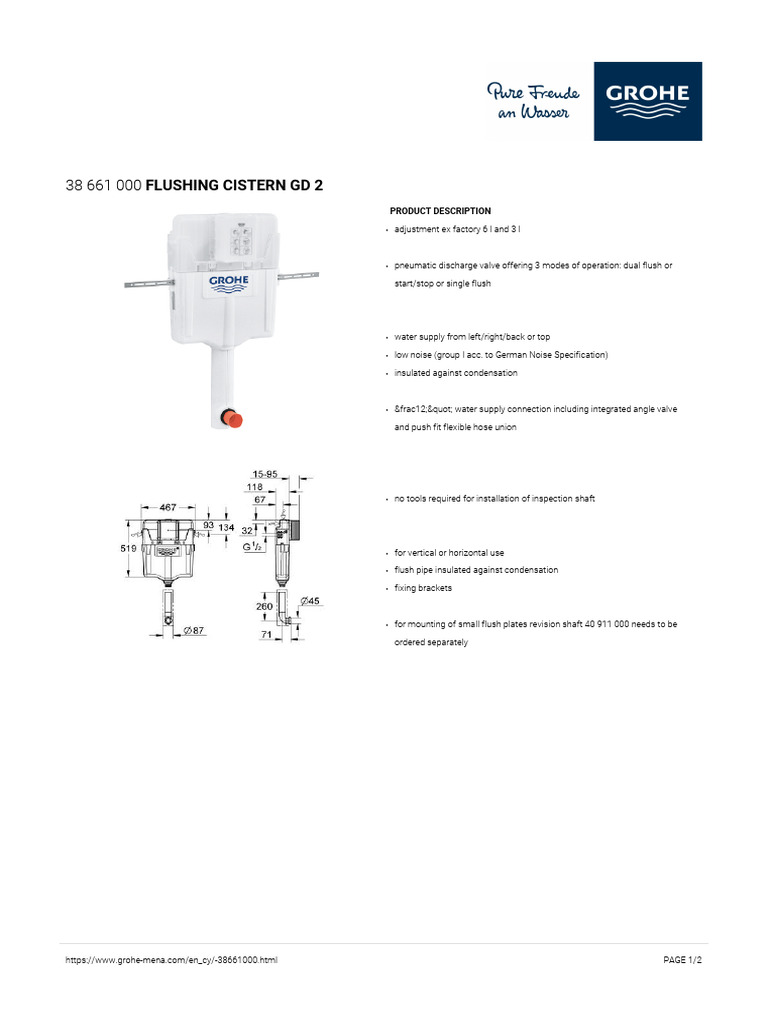 Grohe 38661000 Flushing Cistern Datasheet | PDF | Valve | Mechanical ...