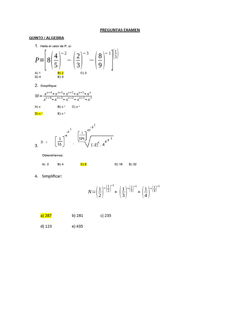 Preguntas de Álgebra para Quinto Grado | PDF