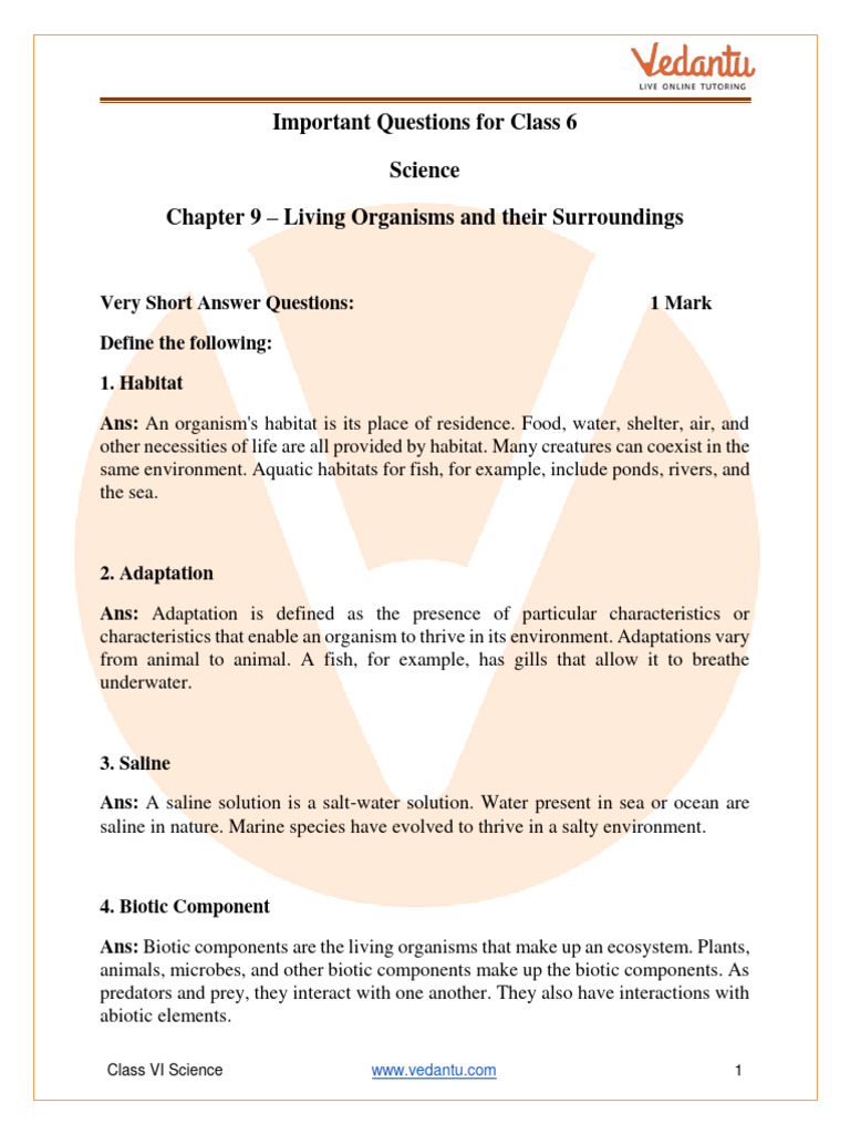 Class 6 - The Living Organisms and Their Surroundings Mportant Questions 2023-24 | PDF