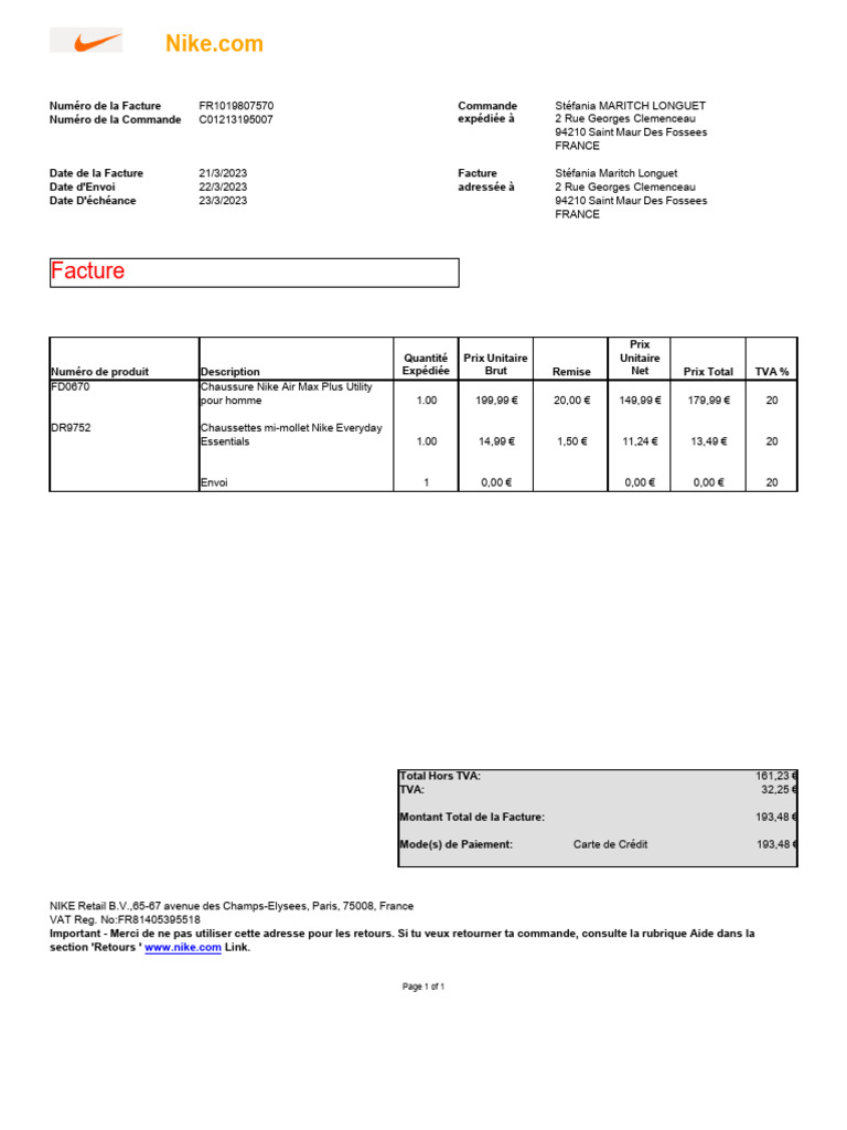 Facture Nike | PDF