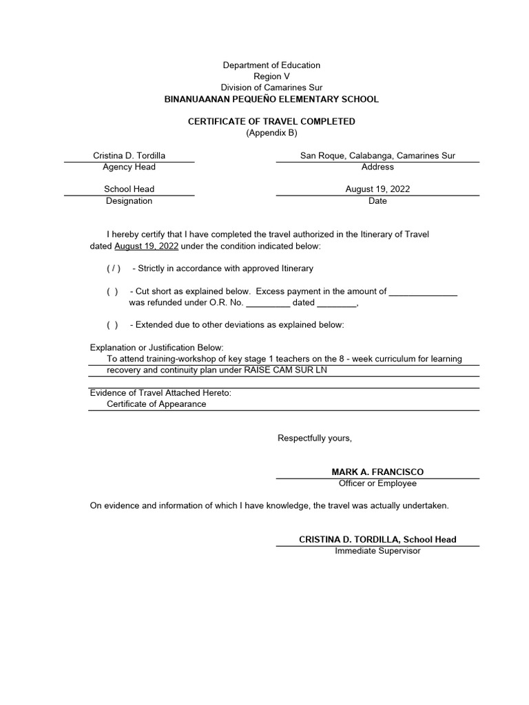 Certificate of Travel Completed | PDF