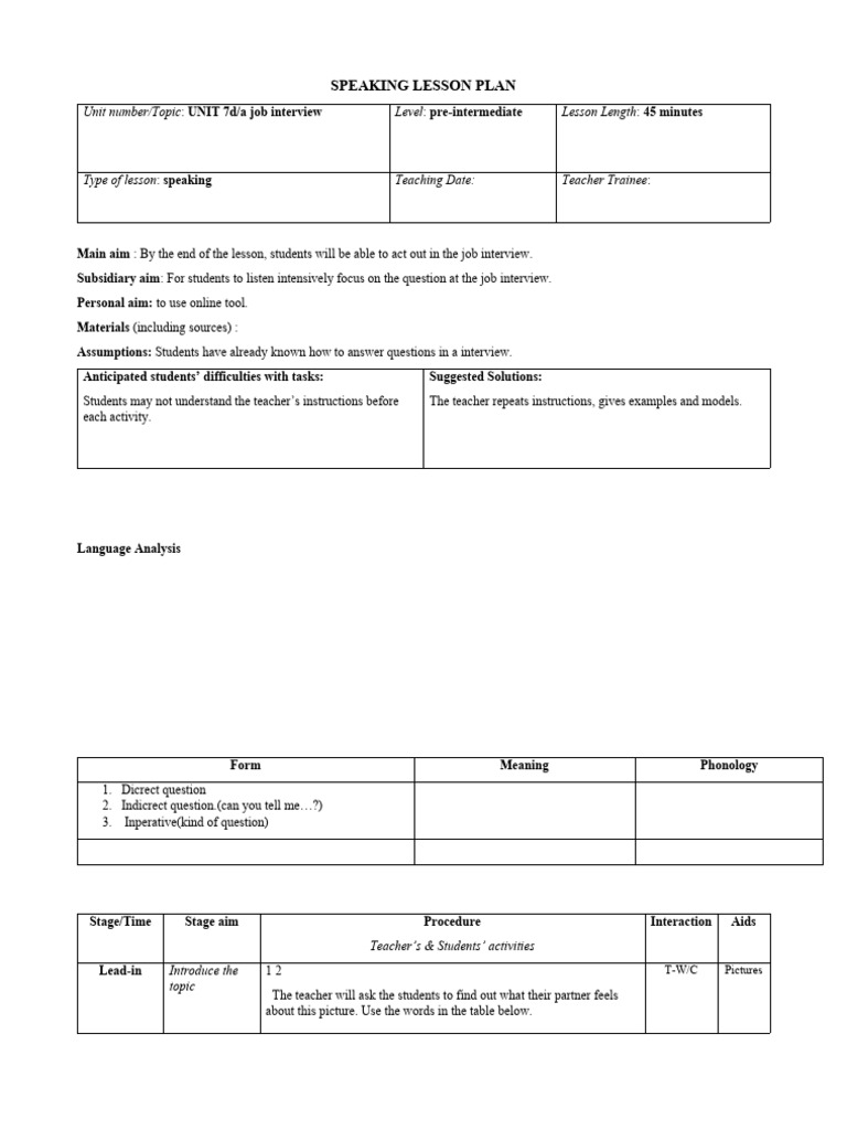 Speaking Lesson Plan | PDF | Job Interview | Lesson Plan