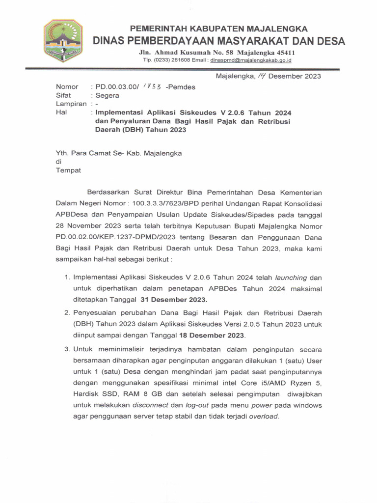 Penyaluran DBH Dan Siskeudes Tahun 2024 | PDF