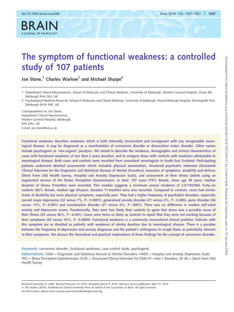The Symptom of Functional Weakness: A Controlled Study of 107 Patients ...