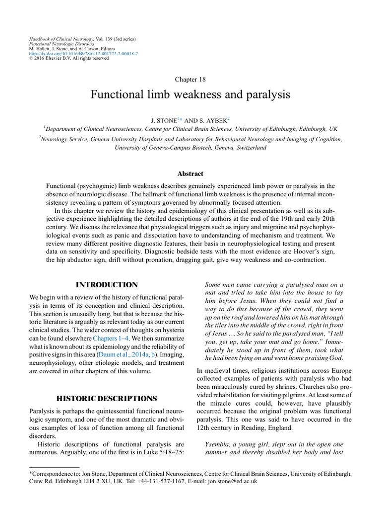 Functional Limb Weakness and Paralysis | PDF | Hysteria | Neurology