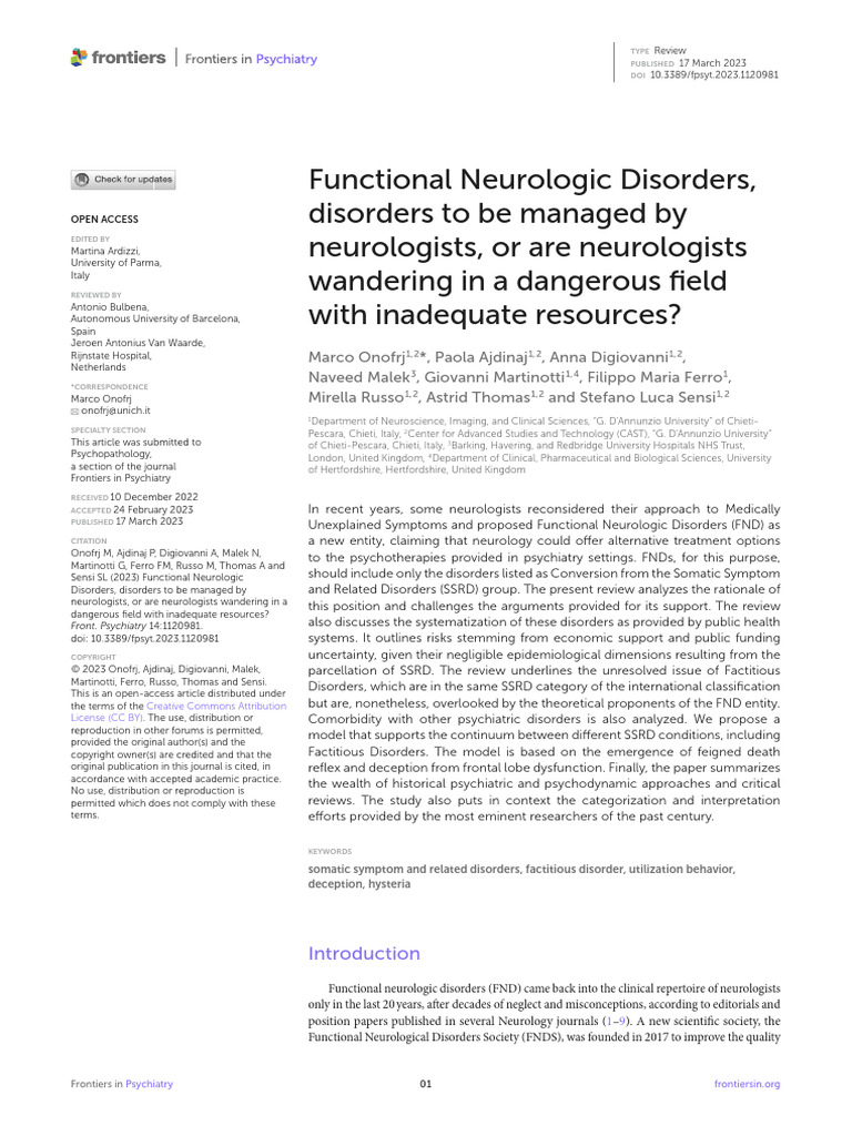 Functional Neurologic Disorders, Disorders To Be Managed by ...