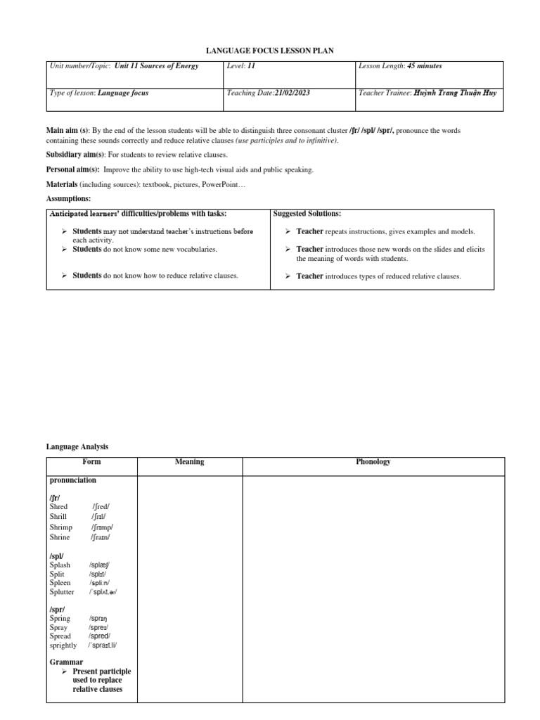 Grammar Lesson Plan Unit 11 | PDF | Verb | Sentence (Linguistics)