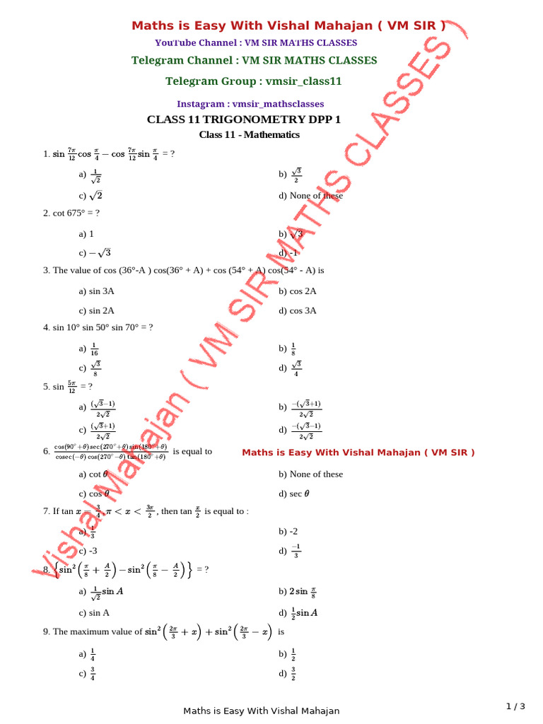 Class 11 Trigonometry DPP 1 | PDF | Mathematical Analysis | Classical ...