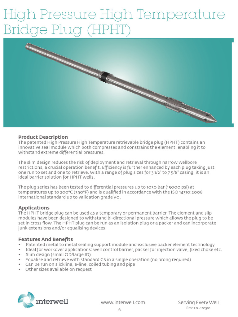 Hpht Bridge Plug Specifications And Benefits Pdf Pipe Fluid