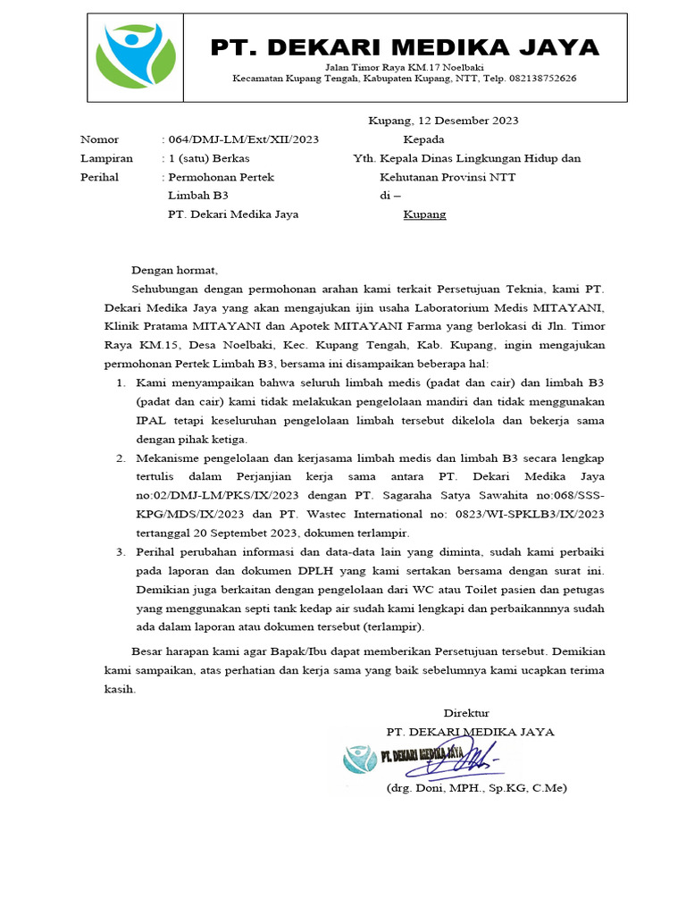 064 Permohonan PERTEK LIMBAH B3-DPLH Lab Medis MITAYANI | PDF