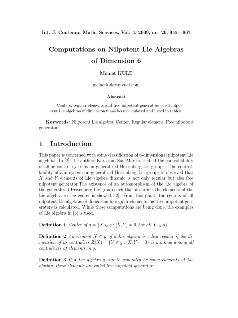 Classification and Properties of Six-Dimensional Nilpotent Lie Algebras | PDF | Lie Algebra ...