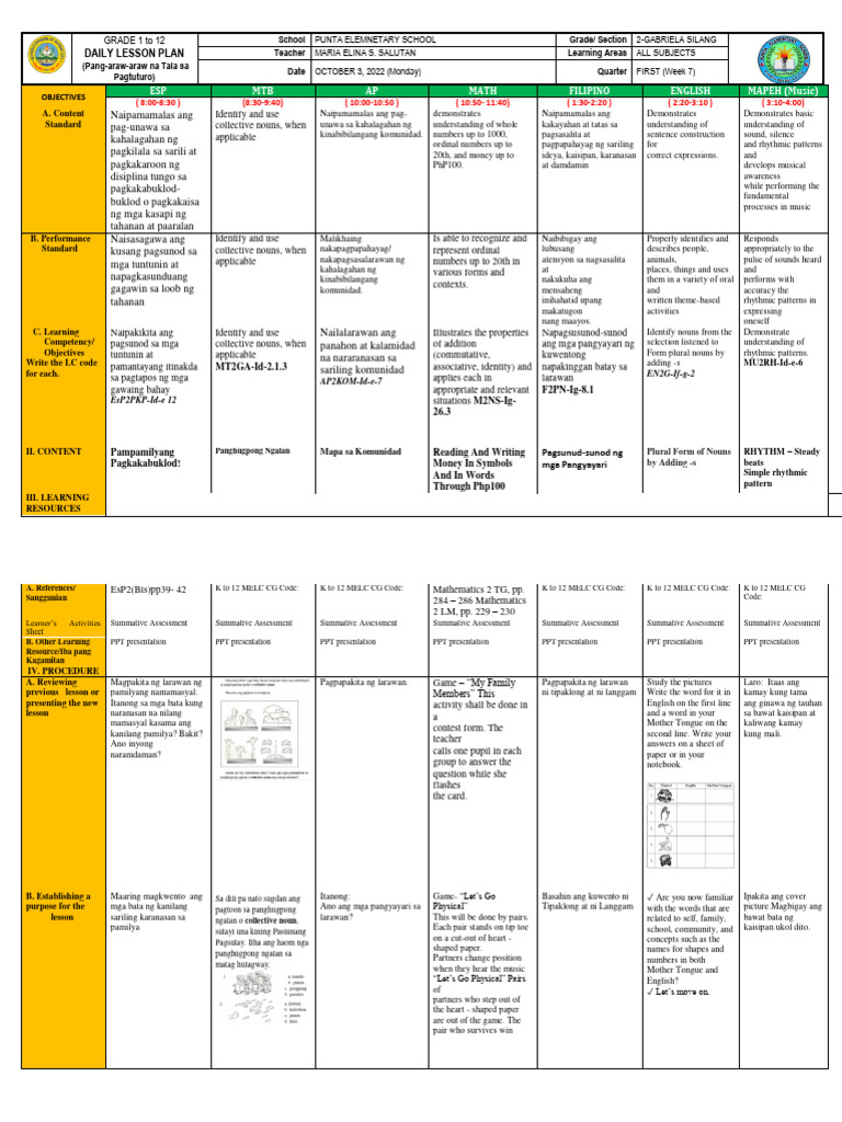 DLL - All Subjects 2 - Q1 - W7 - D1 | PDF | Rhythm | Linguistics