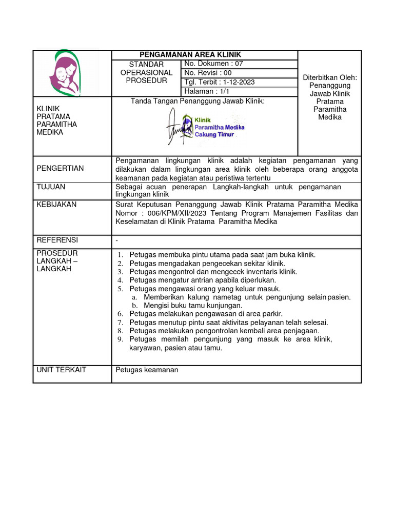 SOP PENGAMANAN AREA Paramitha Medika | PDF