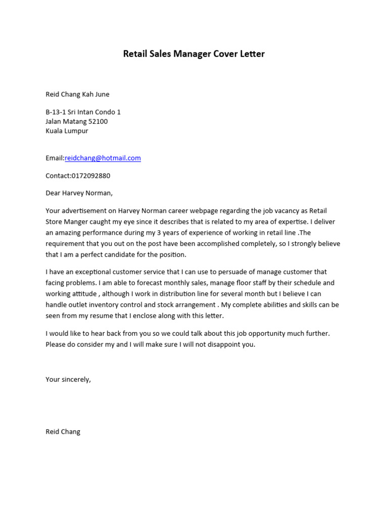 Retail Sales Manager Cover Letter | PDF Retail Sales Manager Cover Letter | PDF