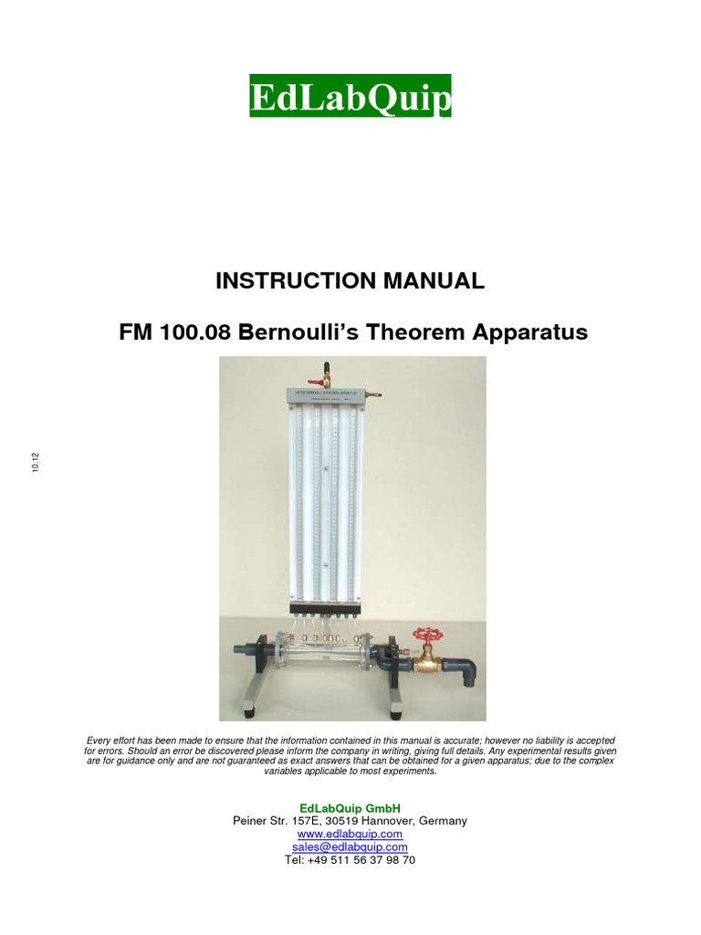 FM 100.08 Bernoulli Theorem Apparatus - EdLabQuip 10.12 | PDF | Valve ... FM 100.08 Bernoulli Theorem Apparatus - EdLabQuip 10.12 | PDF | Valve ...