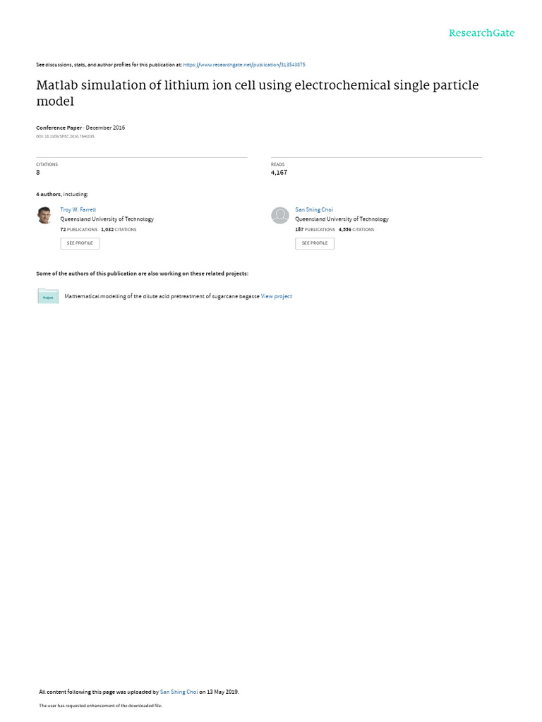 Matlab Simulation Of Lithium Ion Cell Using Electrochemical Single Particle Model Download