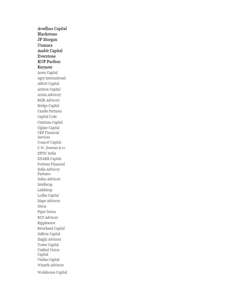 Avedhus Capital Blackstone JP Morgan Nomura Ambit Capital Everstone BNP Paribus Keynote | PDF ...