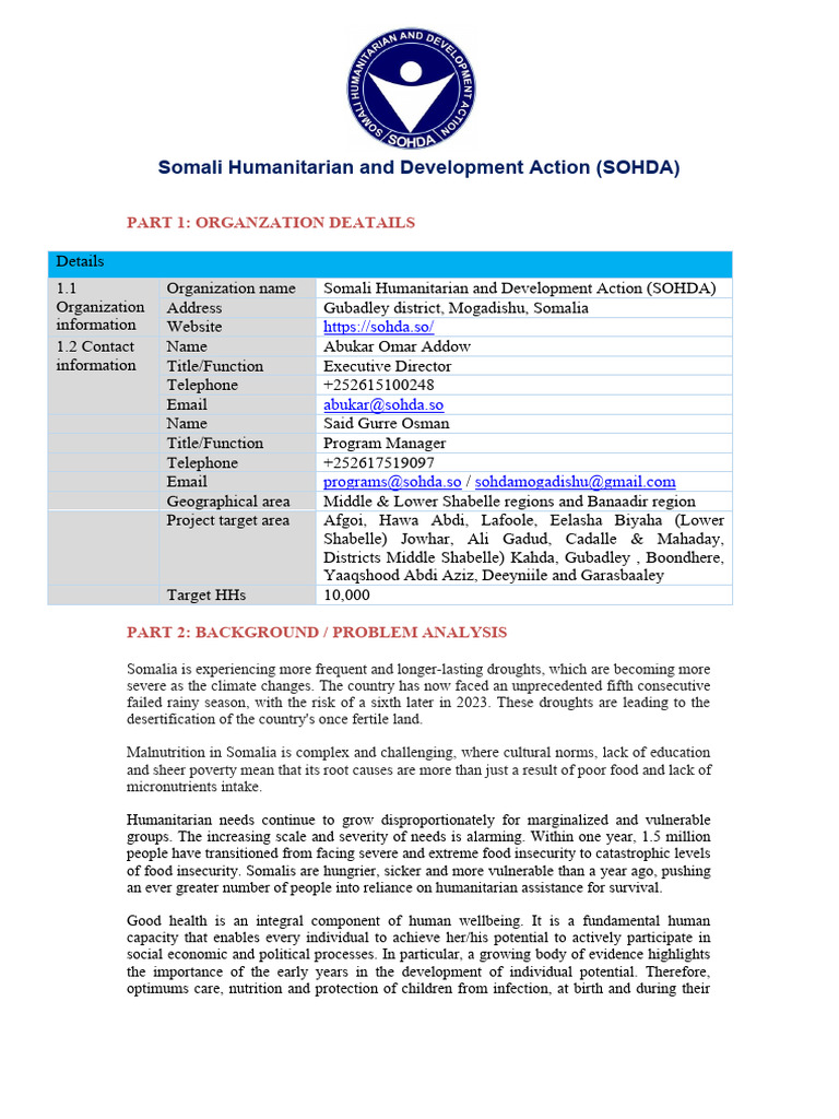 SOHDA - WFP Nutrition Narrative Proposal | PDF
