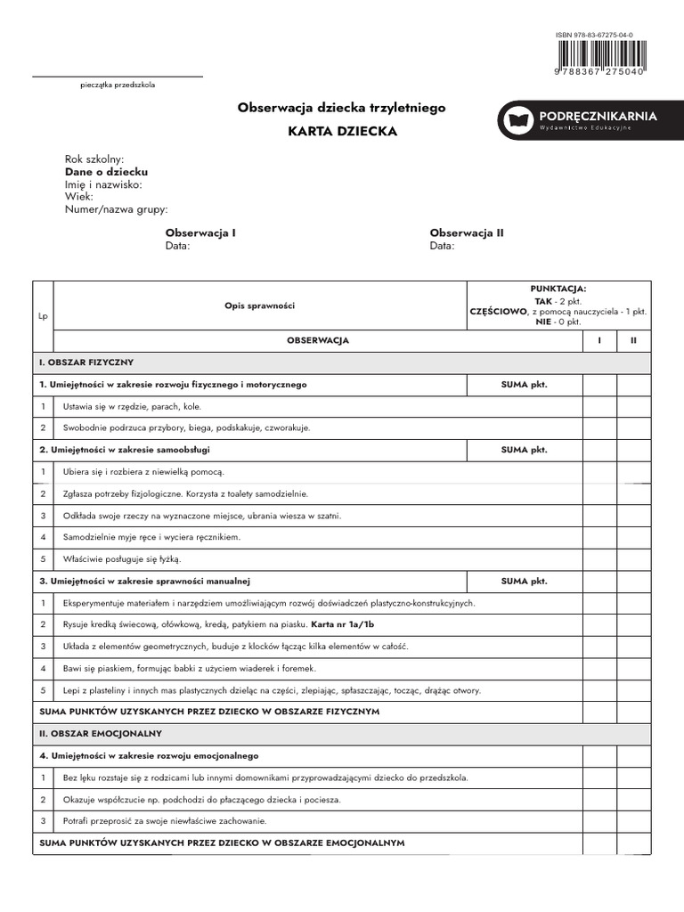 Karta Obserwacji 3 Latek 12 | PDF