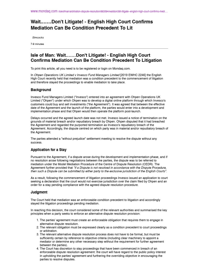 Wait Don T Litigate English High Court Confirms Mediation Can Be