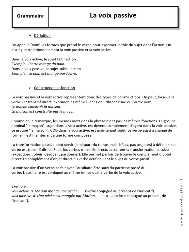 La voix passive en grammaire française | PDF
