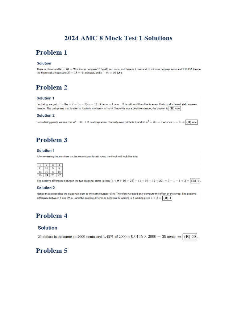 2024 AMC 8 Mock Test 1 Solutions | PDF | Teaching Methods & Materials