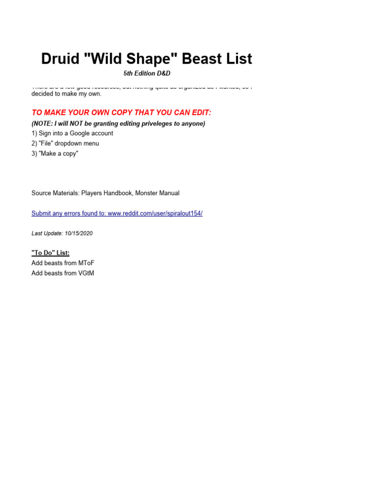 Druid - Wild Shape Beast List | PDF