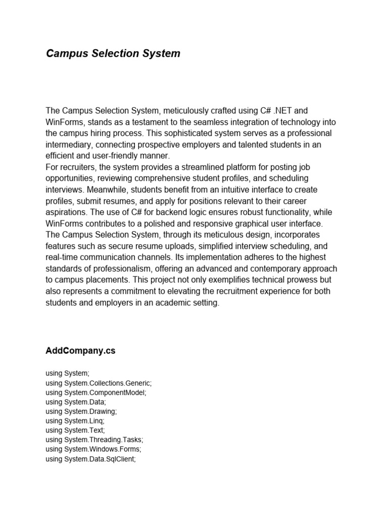 Campus Selection System Overview | PDF | C Sharp (Programming Language ...
