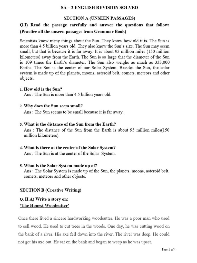 UNSEEN PASSAGE AND GRAMMAR | PDF | Solar System | Sun