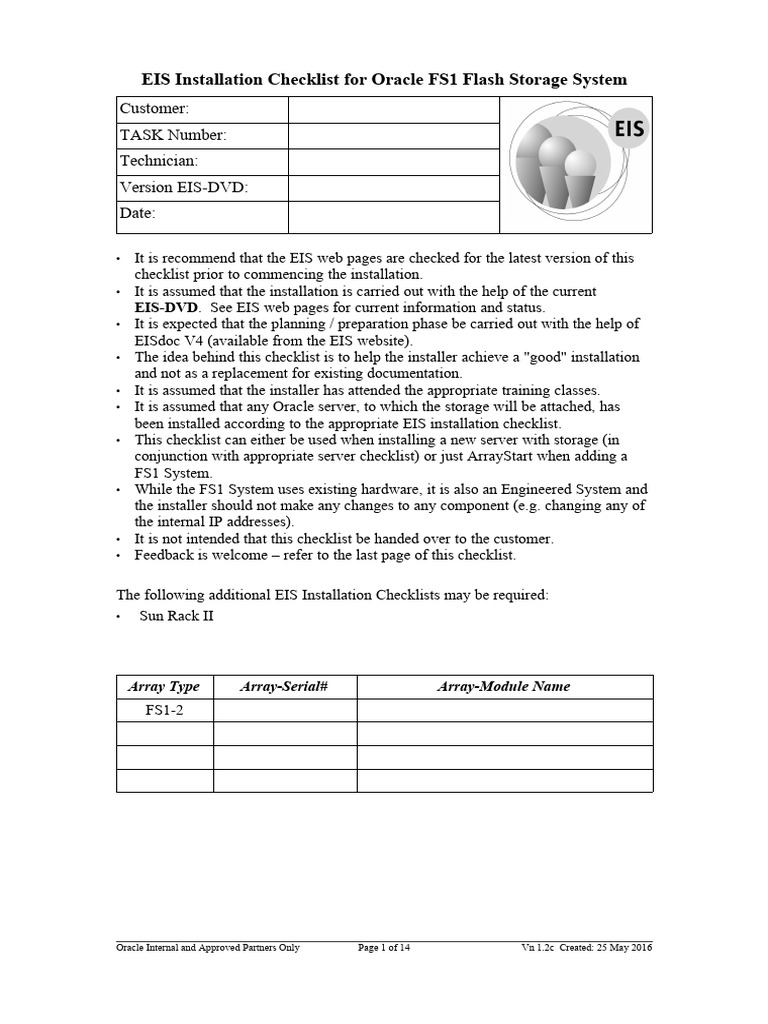 EIS Installation Checklist For Oracle FS1 Flash Storage System ...