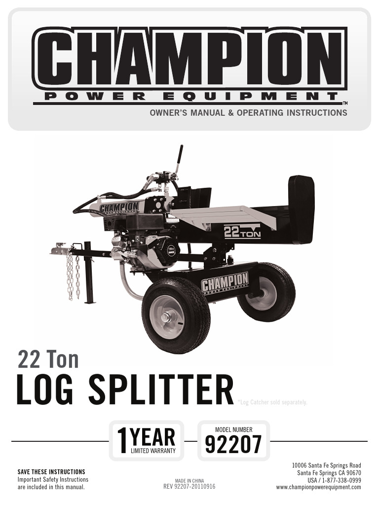 Champion Log Splitter 22ton | PDF | Exhaust Gas | Hazards