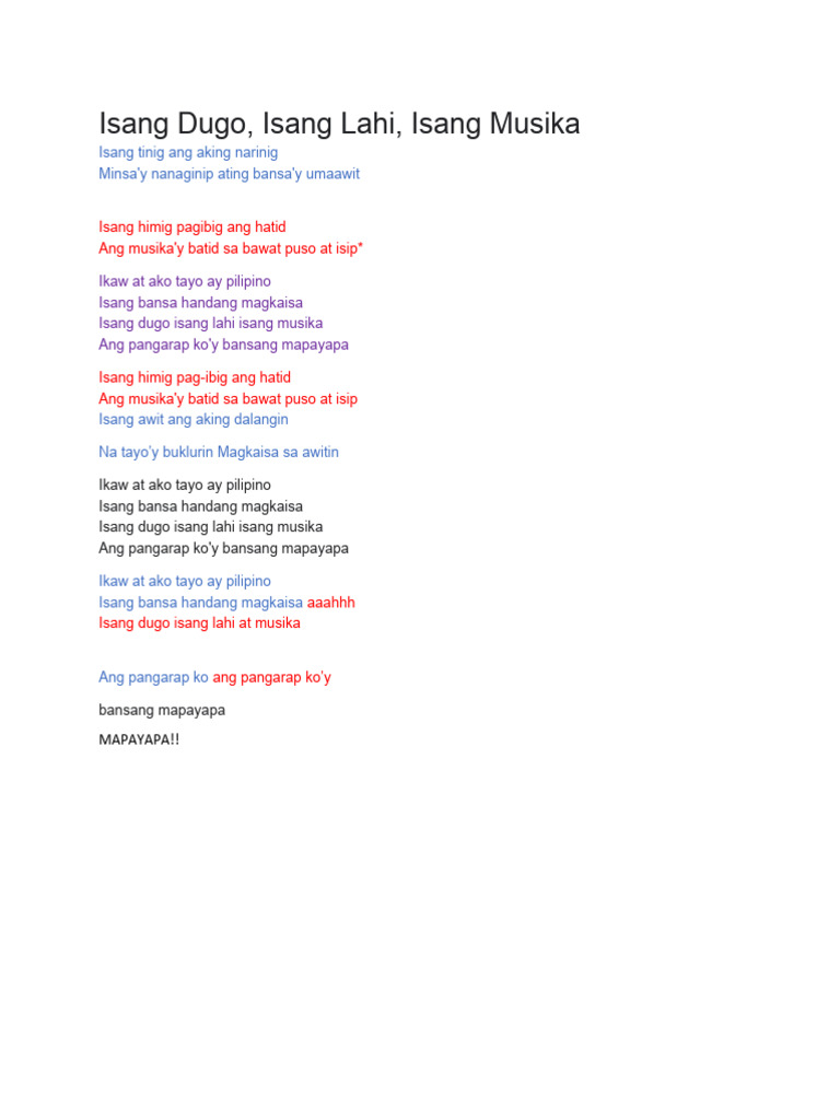 Isang Dugo, Isang Awit at Musika | PDF