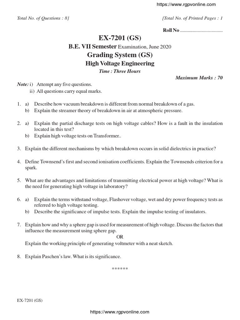 High Voltage Engineering Exam Questions | PDF | Technology & Engineering