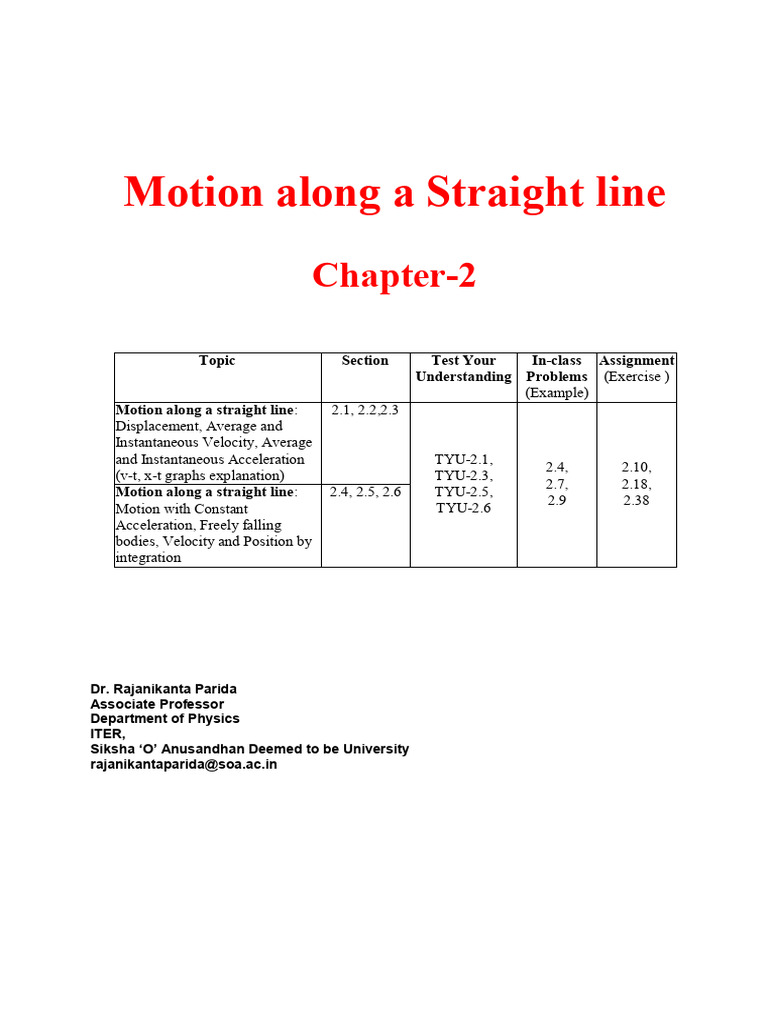 Chapter 2 Motion Along A Straight Line | PDF | Acceleration | Velocity