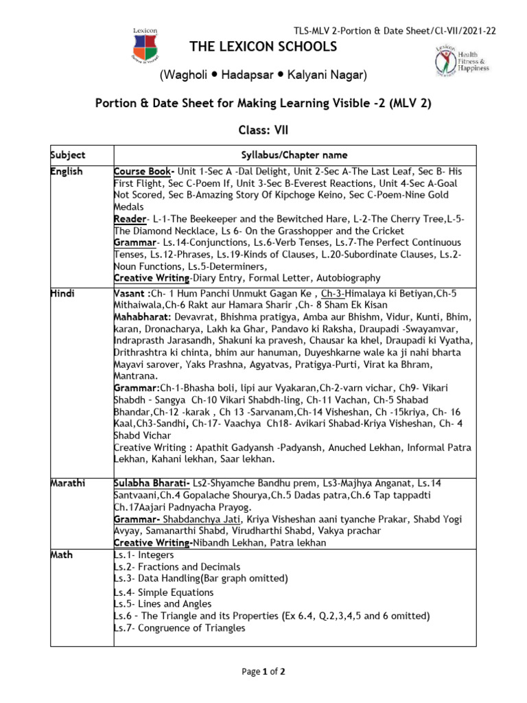 Class VII MLV 2 Exam Schedule 2021-22 | PDF