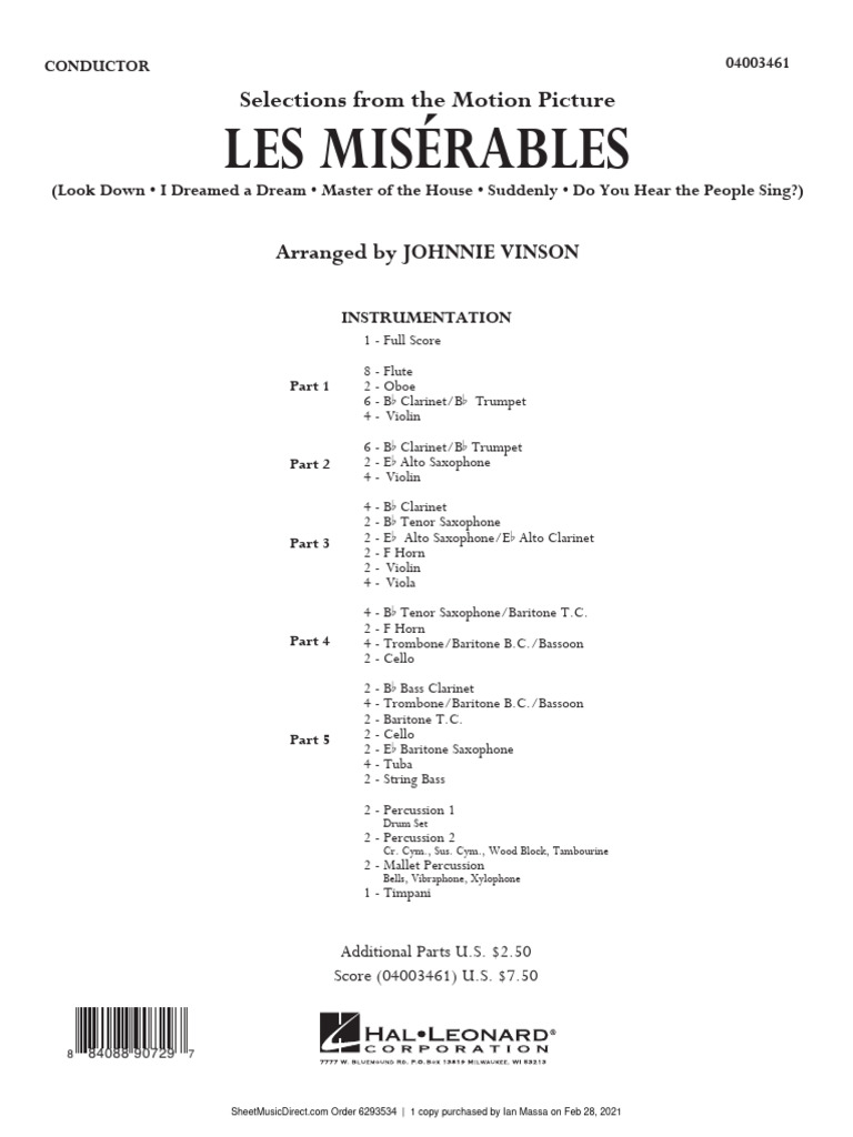 Les Miserables Selections From The Motion Picture - Conductor Score ...
