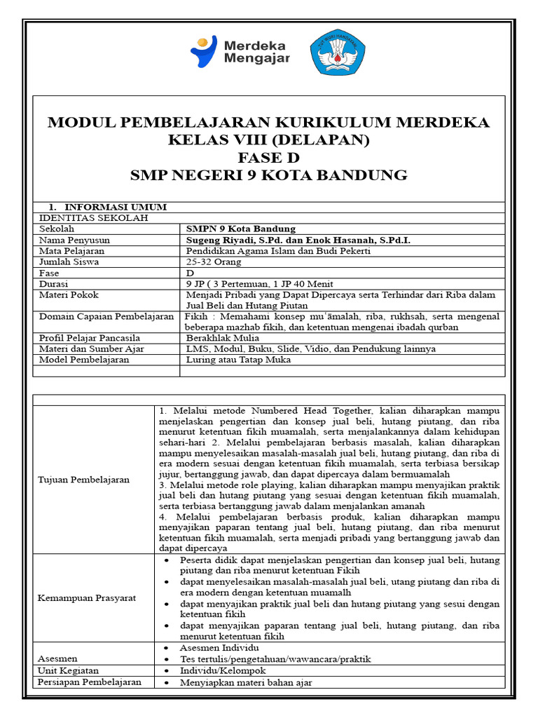 MODUL PEMBELAJARAN KURIKULUM MERDEKA KELAS VIII BAB 9 Fikih Muamalah | PDF