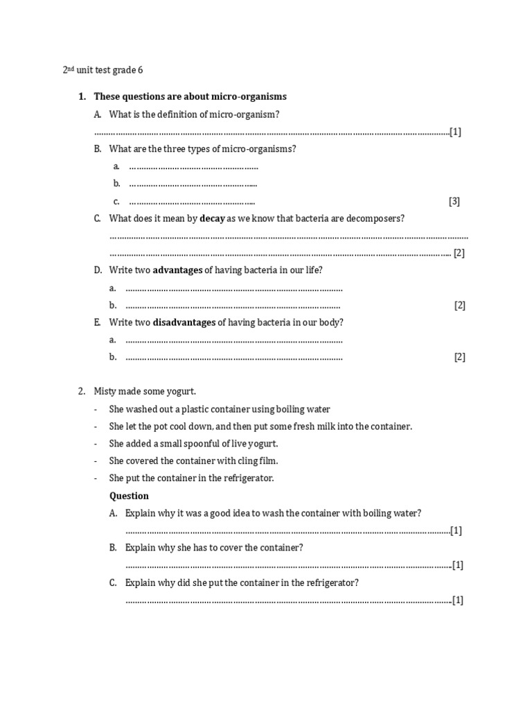 2nd Unit Test Grade 6 Micro-Organisms and Cells | PDF | Cytoplasm ...