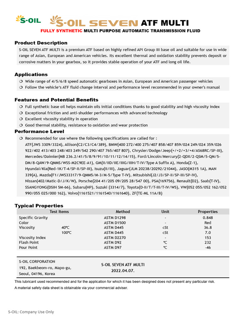 S-Oil+7+atf+ TDS | PDF | Motor Vehicle | Vehicles