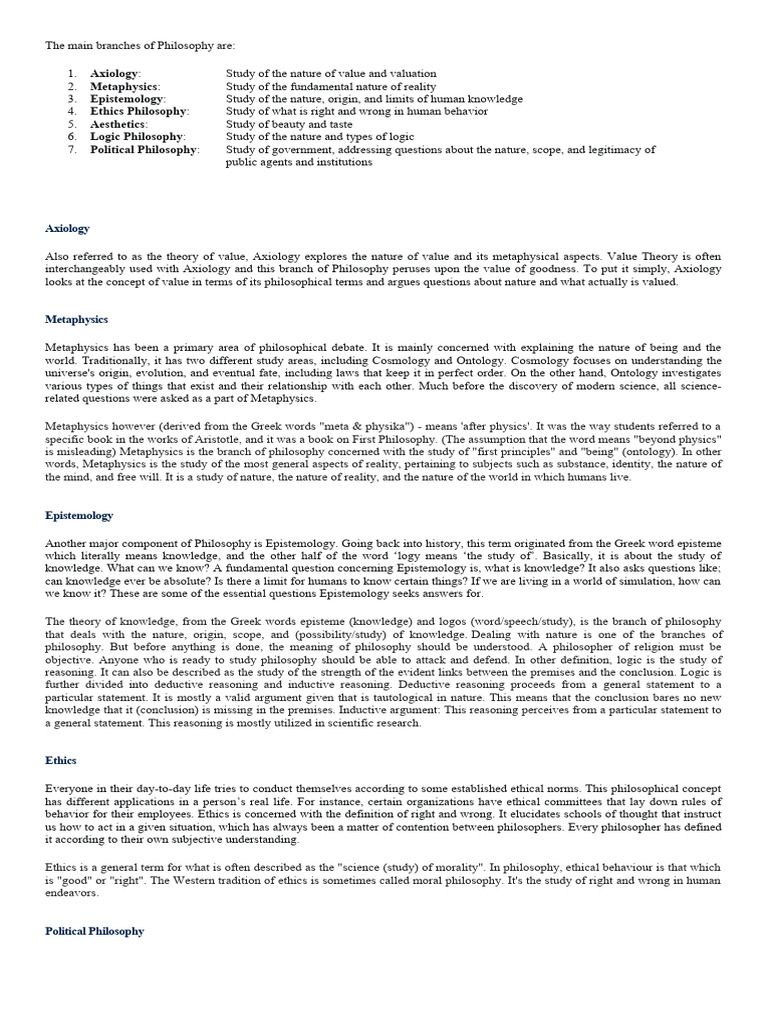 The main branches of Philosophy are | PDF | Logic | Metaphysics