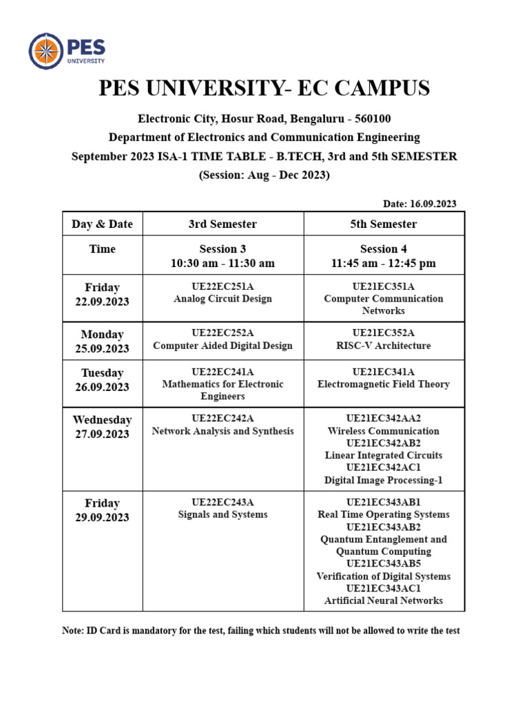 ISA - 1 Timetable ECE Dept Aug - Dec 2023 | PDF | Electronic Engineering | Electricity