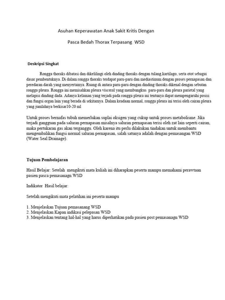 Asuhan Keperawatan Pasien Post Op Bedah Thorax Terpasang WSD 2 | PDF