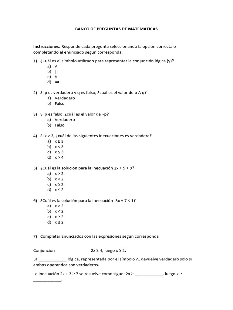 CUESTIONARIO DE MATEMATICAS SIN RESOLVER | PDF | Sintaxis (Lógica) | Lógica