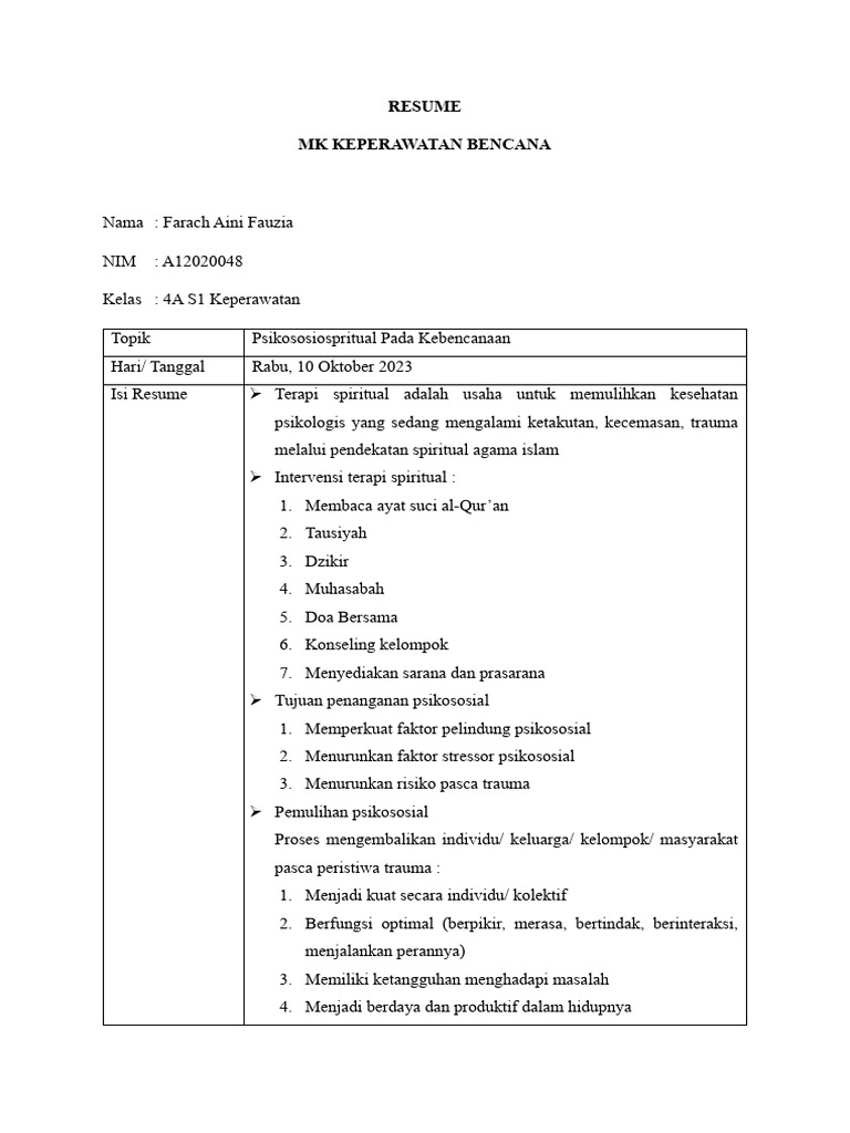 Tugas Resume Psikososiospritual Pada Kebencanaan - Farach Aini Fauzia (A12020048) | PDF